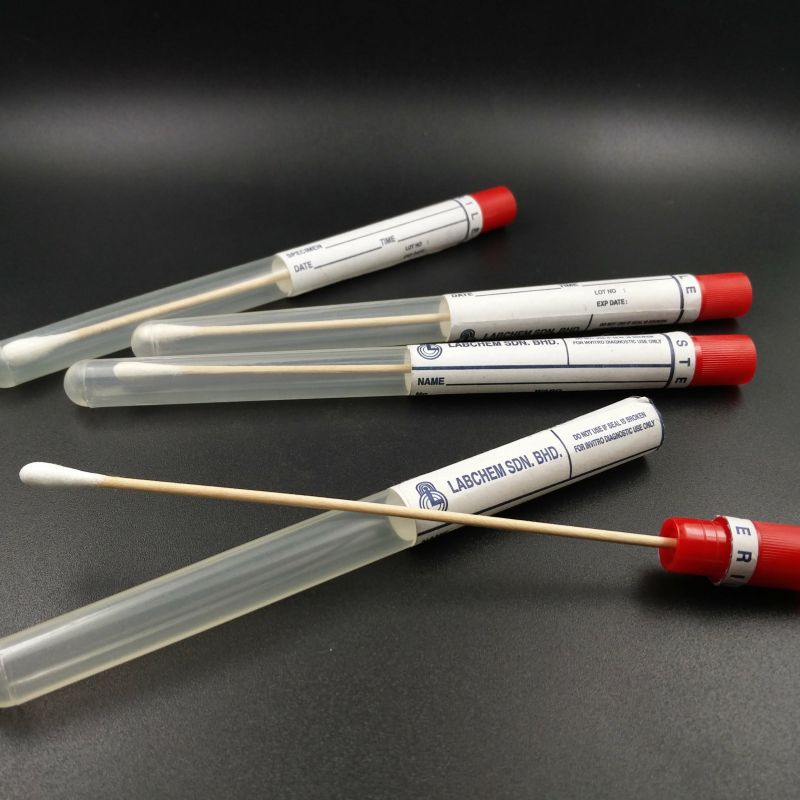 Swab cotton bud with wooden stick in PP tube, capped and labelled ...