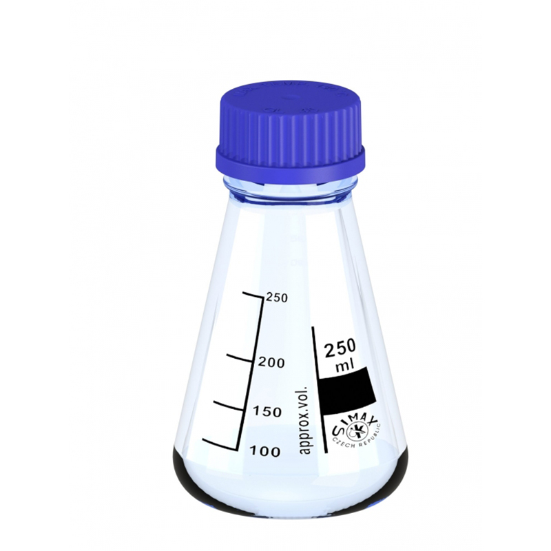 Bottle Erlenmeyer, with blue GL45 screw cap - Labchem Catalog